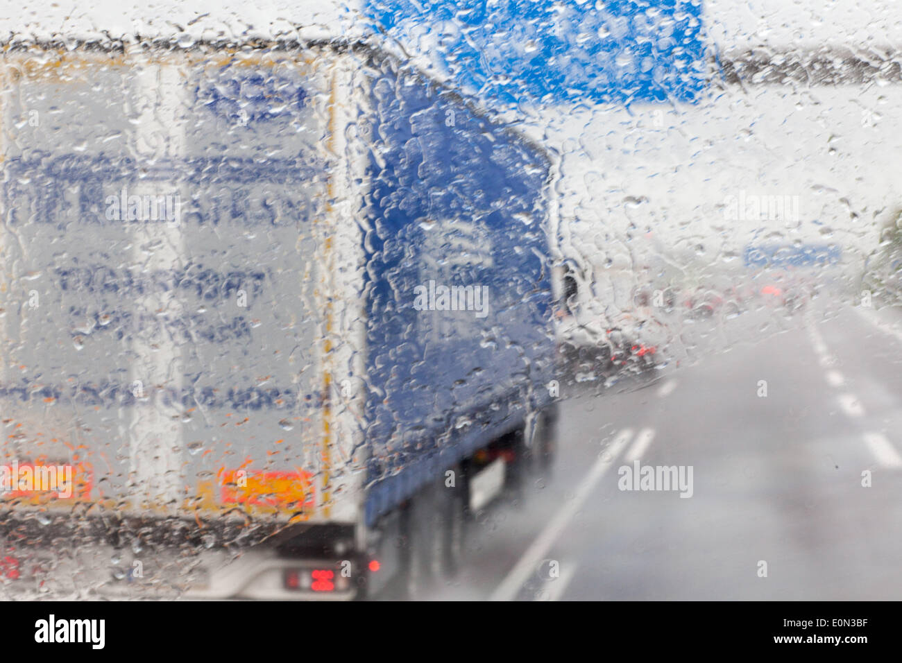 Heavy rain while driving on the Autobahn in Germany on 7 May 2014 Stock ...
