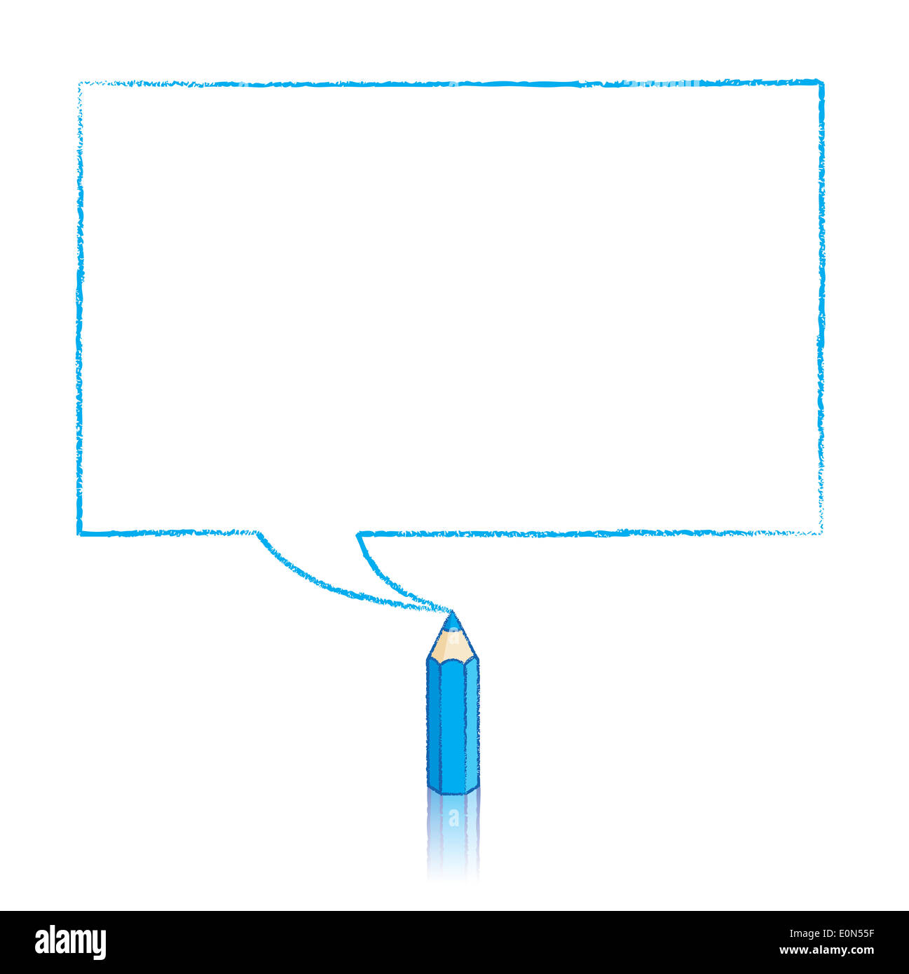 Blue Pencil with Reflection Drawing Rectangular Speech Bubble on White ...