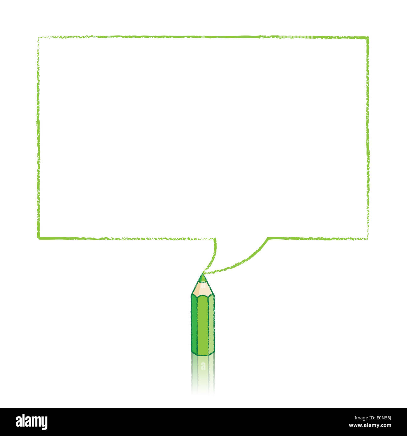 Green Pencil with Reflection Drawing Rectangular Speech Bubble on White ...