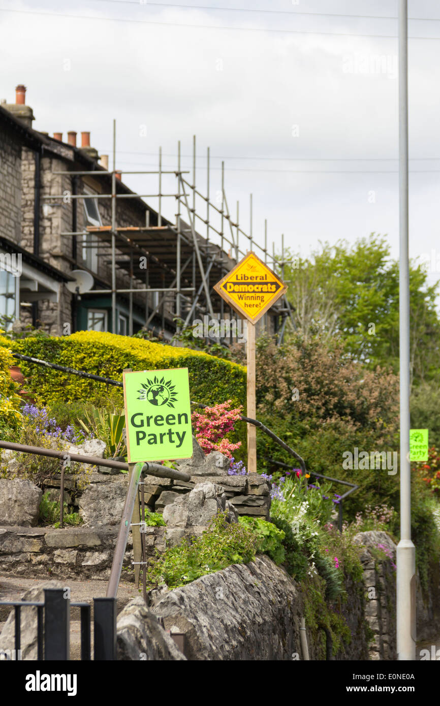 Focus on a Green Party campaign banner outside a house in Kendal ...