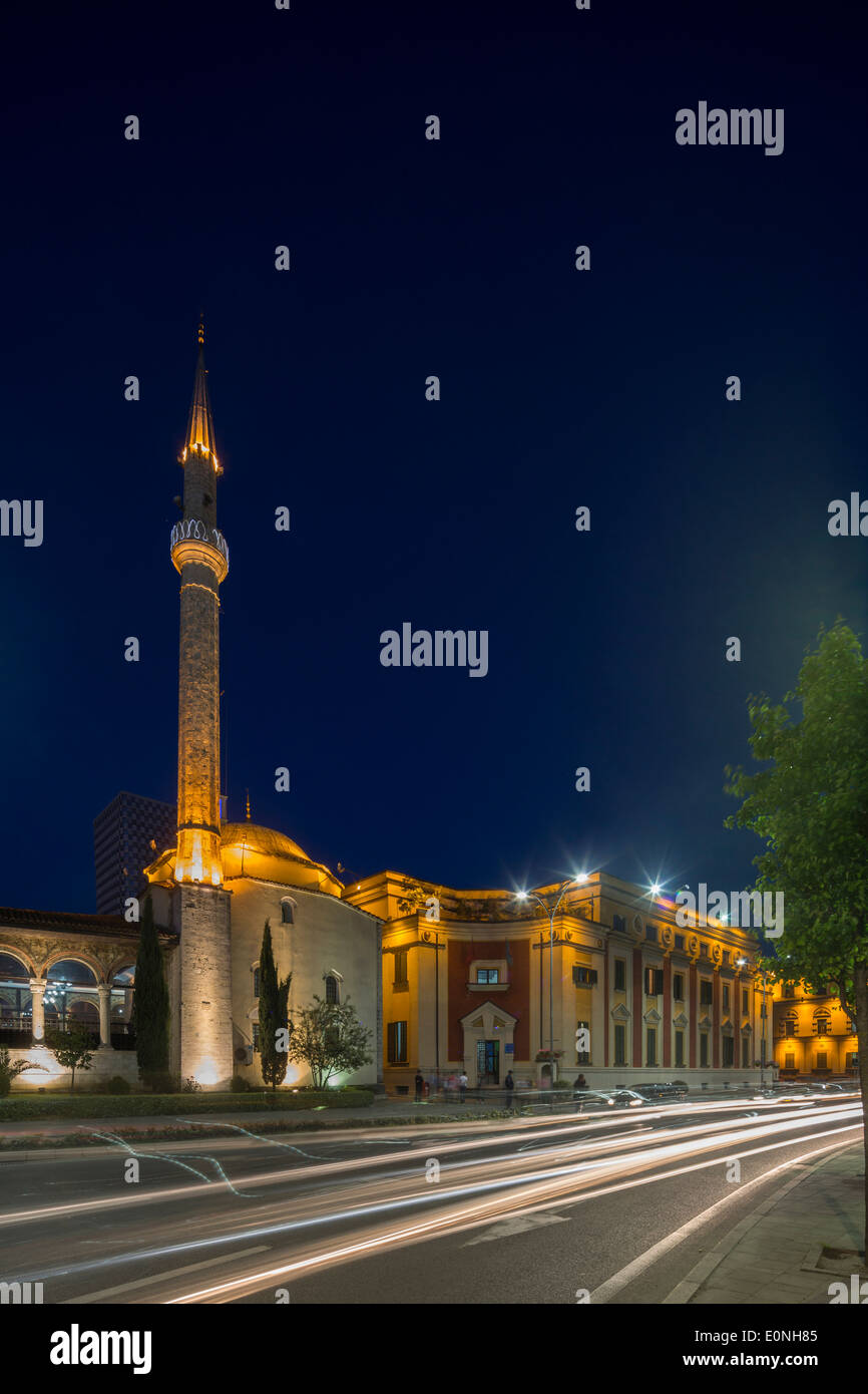 Ethem Bey mosque and ministerial buildings around Skanderbeg Square at ...
