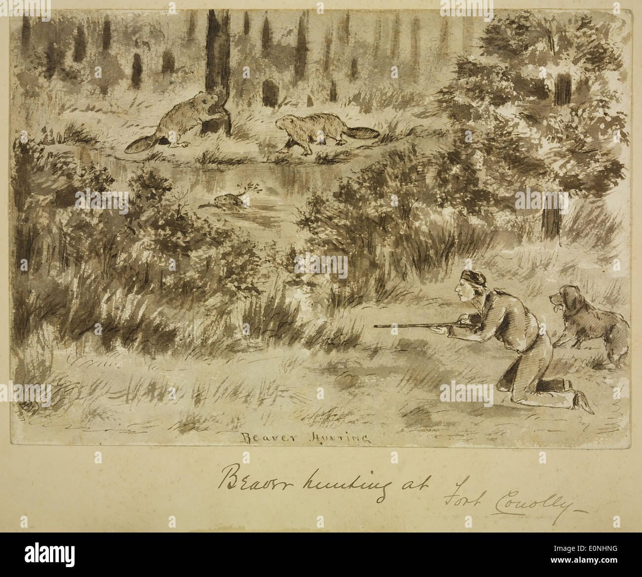 This photograph captures the scene of beaver hunting at Fort C, with ...