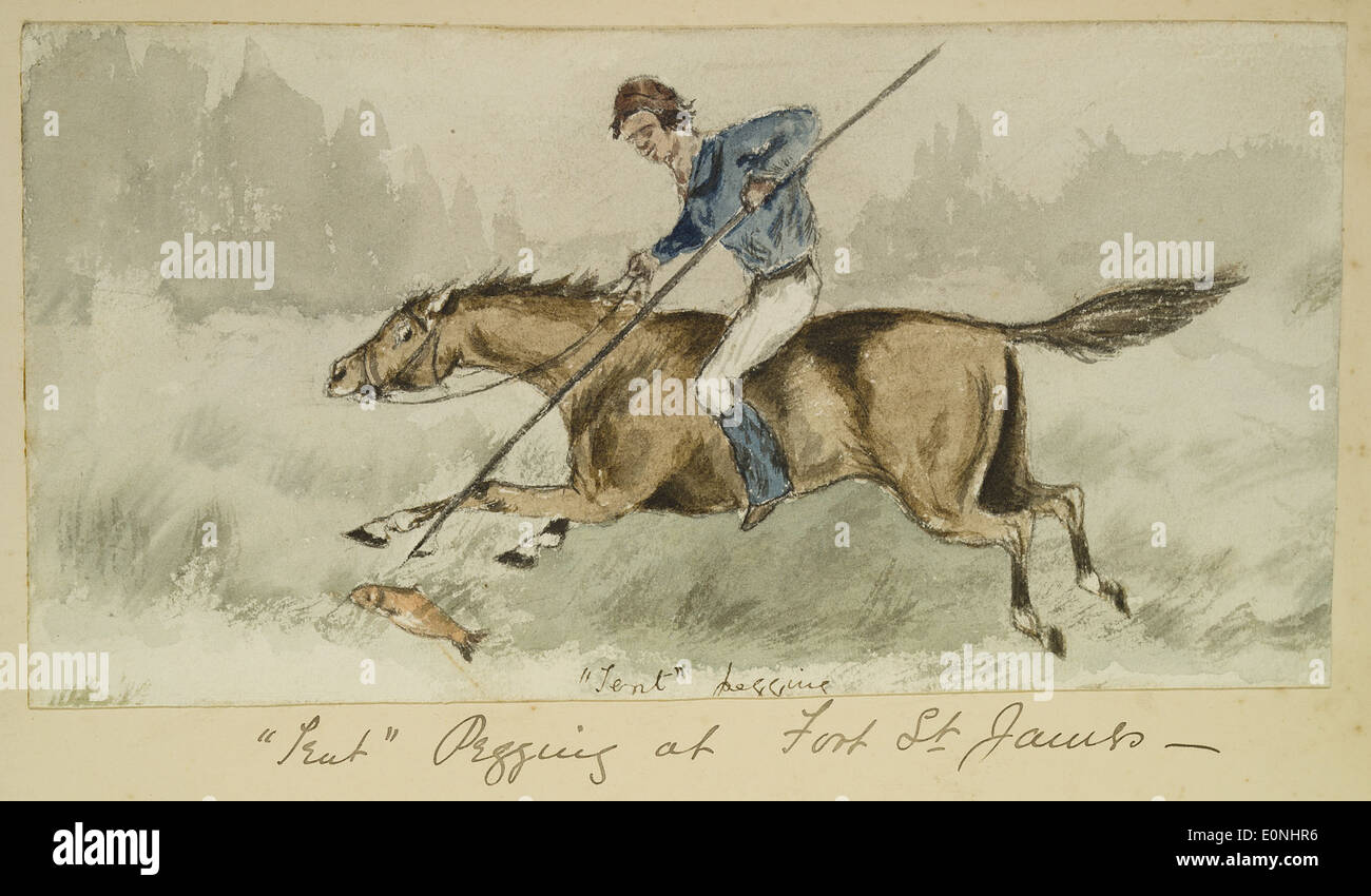 The image depicts the practice of trout pegging at Fort St. James, an ...