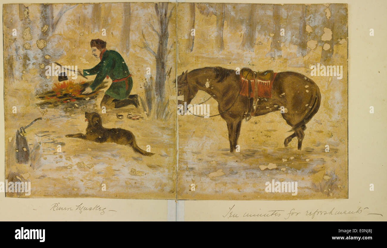 A vintage scene capturing a brief rest during a journey across the ...