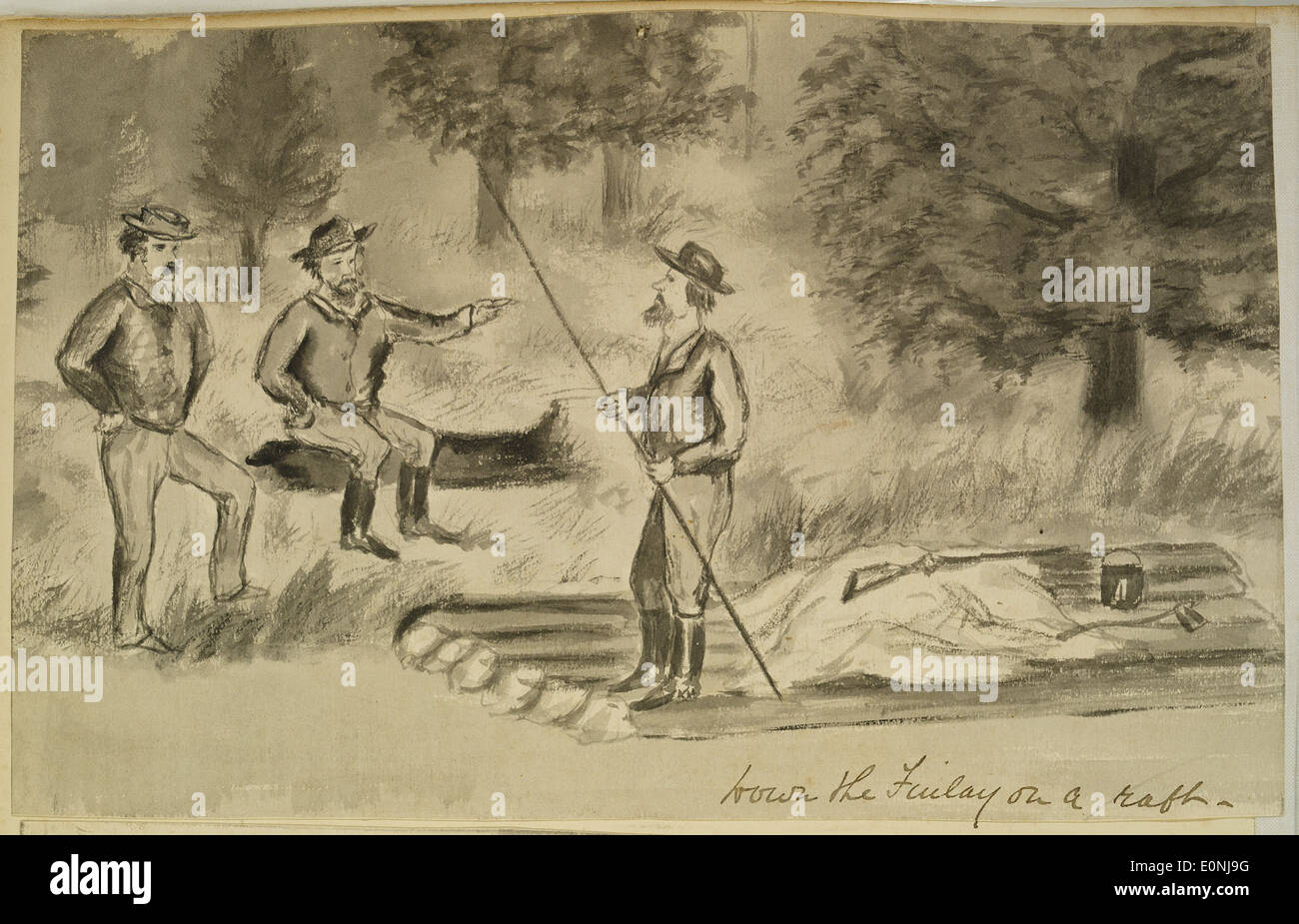 A scene depicting individuals on a raft down the Finaly River ...