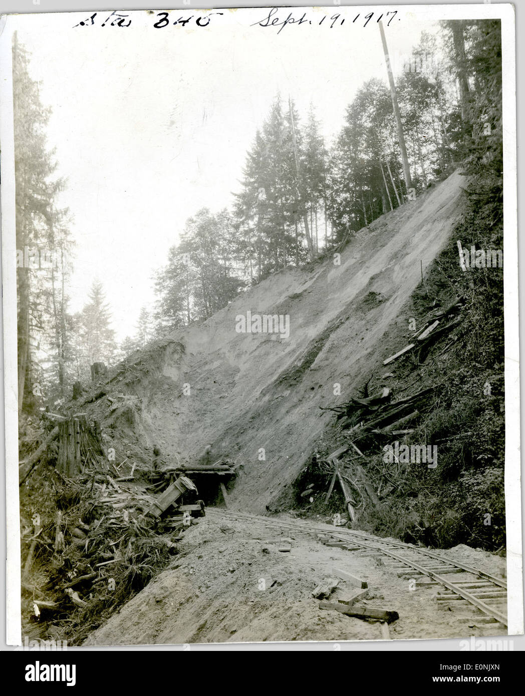 This image depicts a landslide covering railroad tracks, likely causing ...