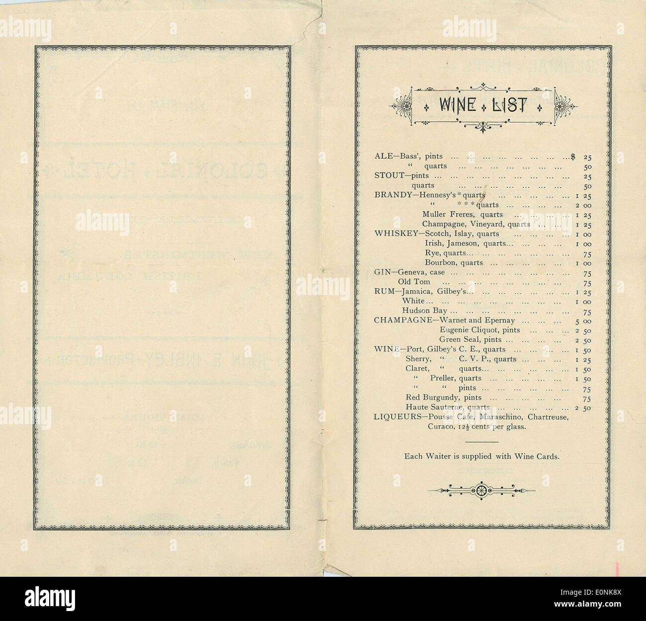 A vintage menu and wine list from The Colonial Hotel, featuring an ...
