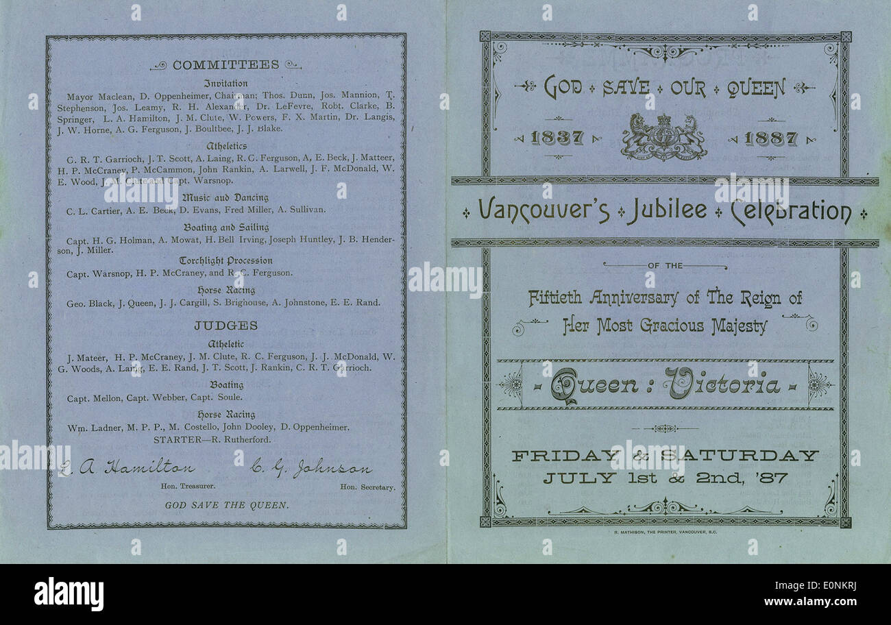 The program cover from Vancouver's Jubilee Celebration in 1887 ...
