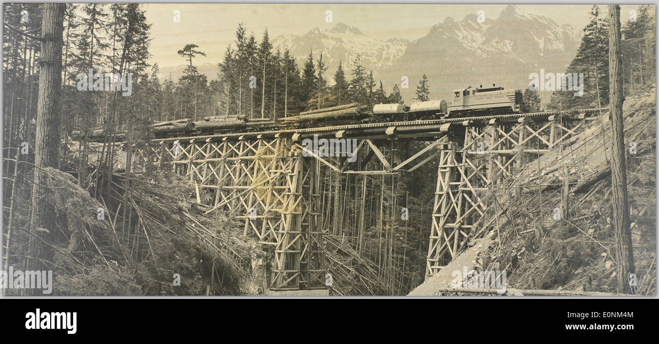 [View of train crossing trestle bridge] Stock Photo - Alamy