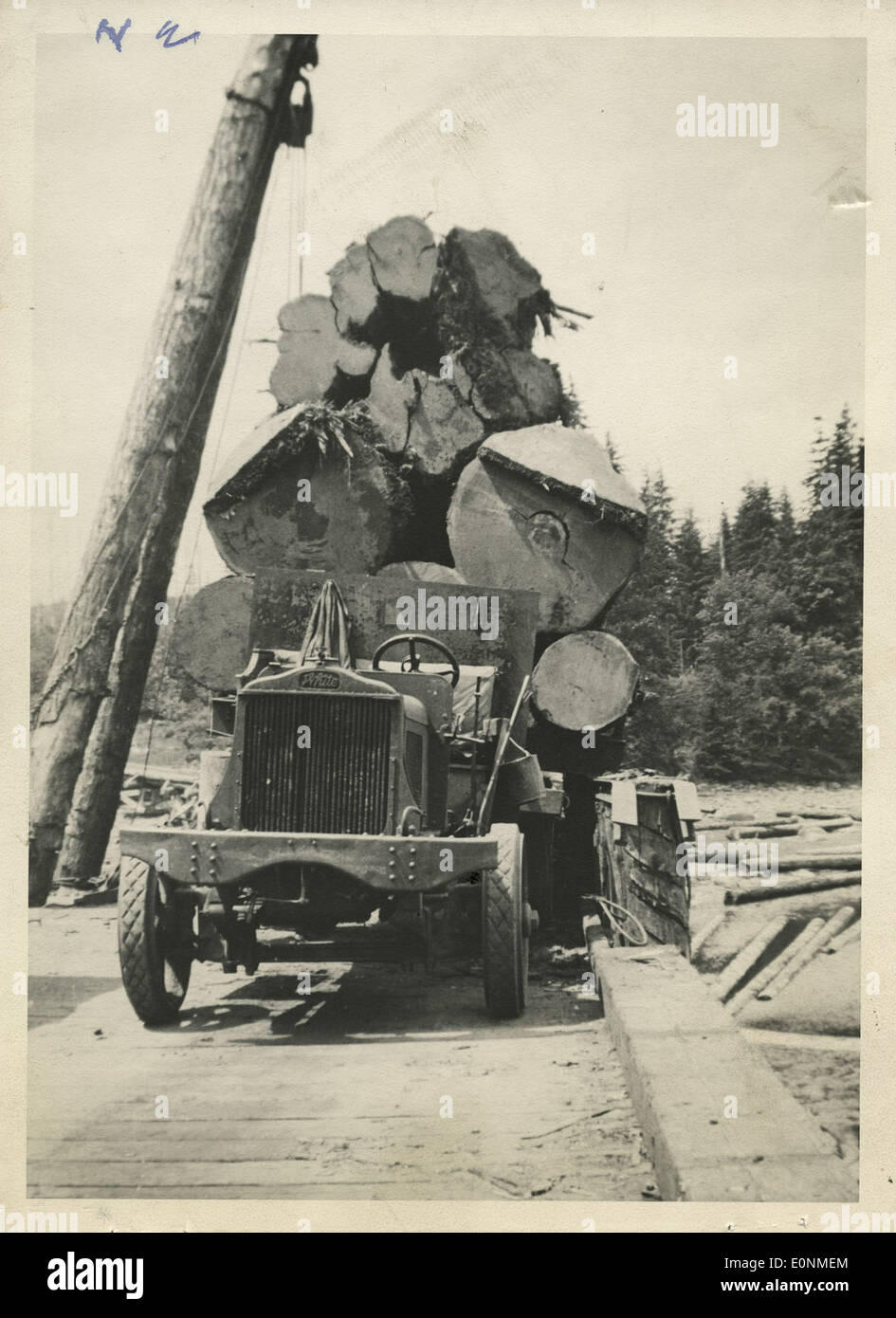 This image depicts a log load being unloaded at a landing site, a ...