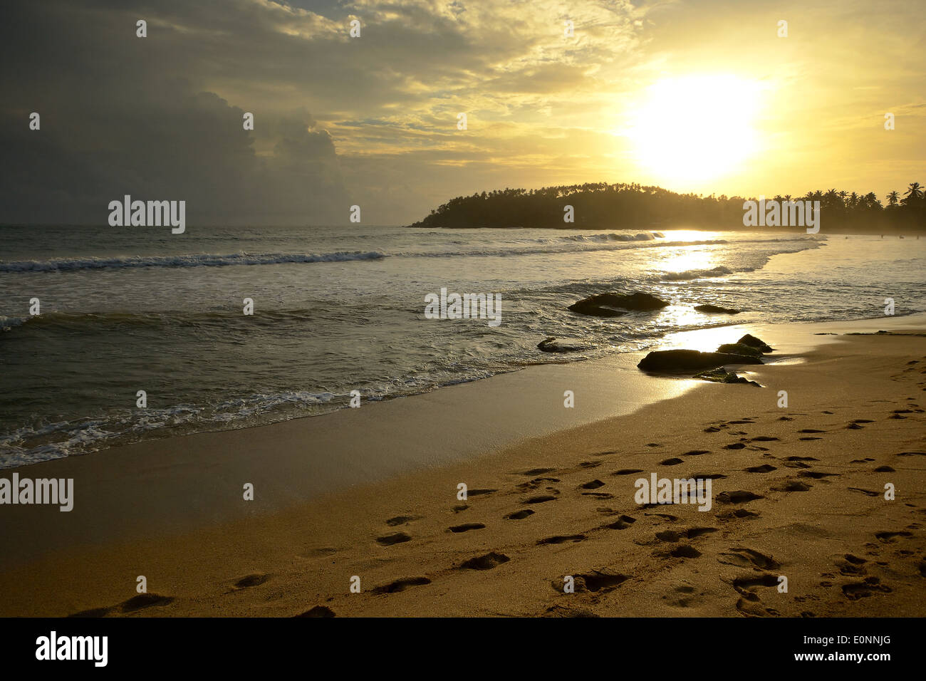 Golden sunset on the tropical desert beach of Mirissa, Southern Sri ...