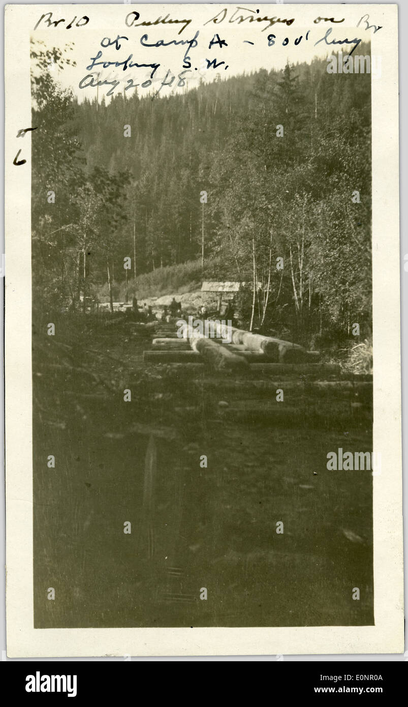 This image provides various views of bridge construction at a camp site ...