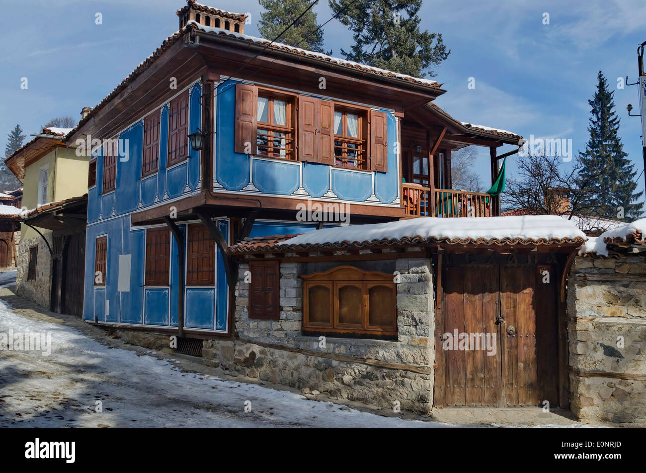 Ancient house with two-leaved wood entrance door in town Koprivshtitsa ...