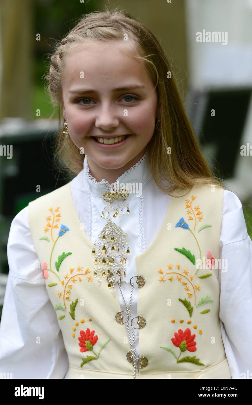 London England, 17th May 2014 : A young Norwegian singer preforms at ...