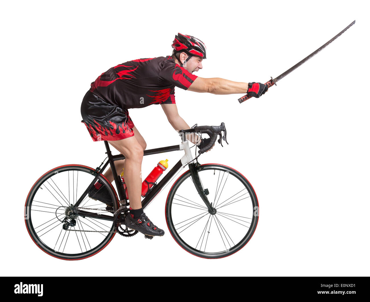 Cyclist rides with samurai sword isolated on white background Stock ...