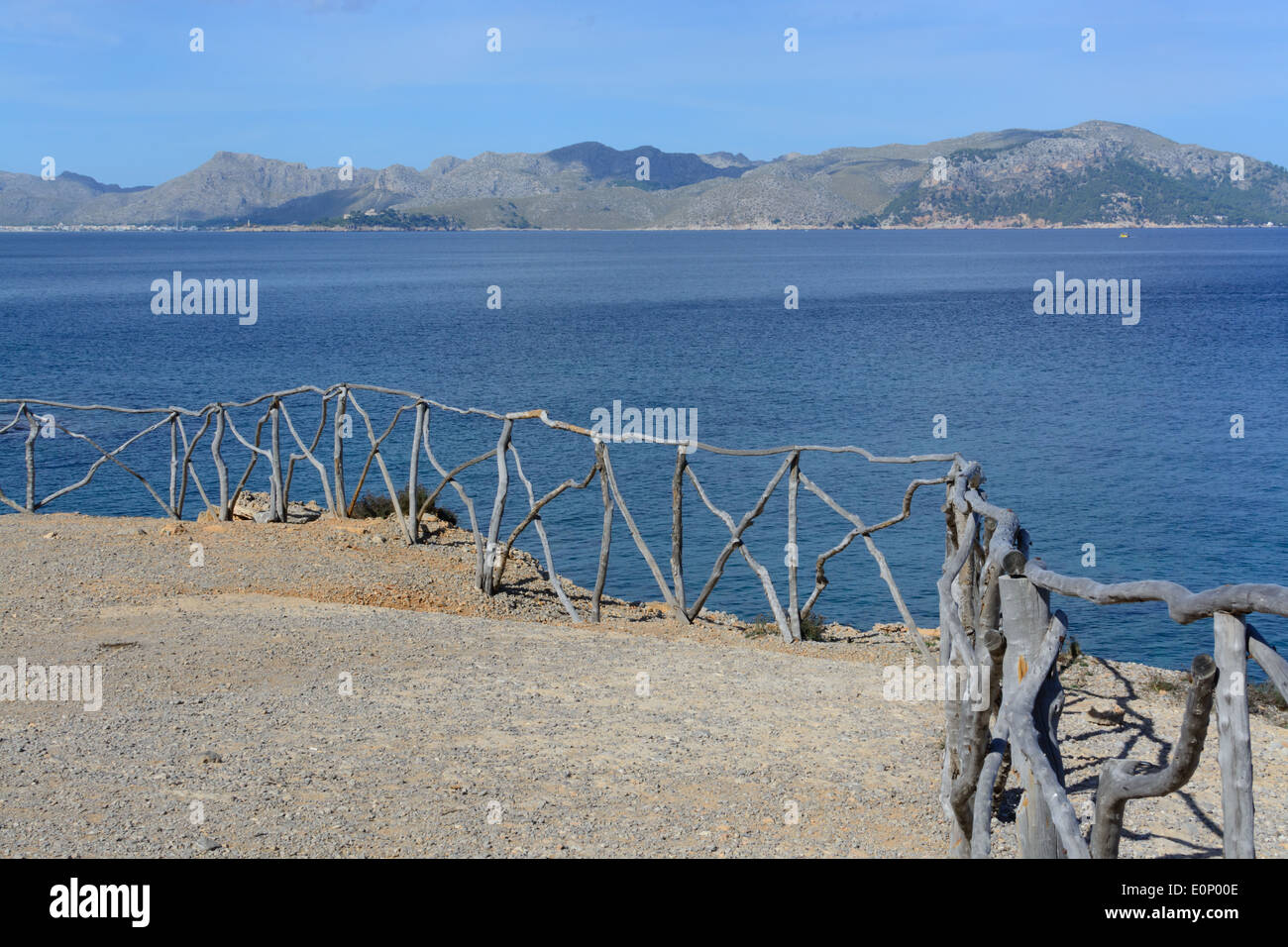 Coastal scenery Mallorca. Gray wood fence by Pollensa bay, Majorca ...