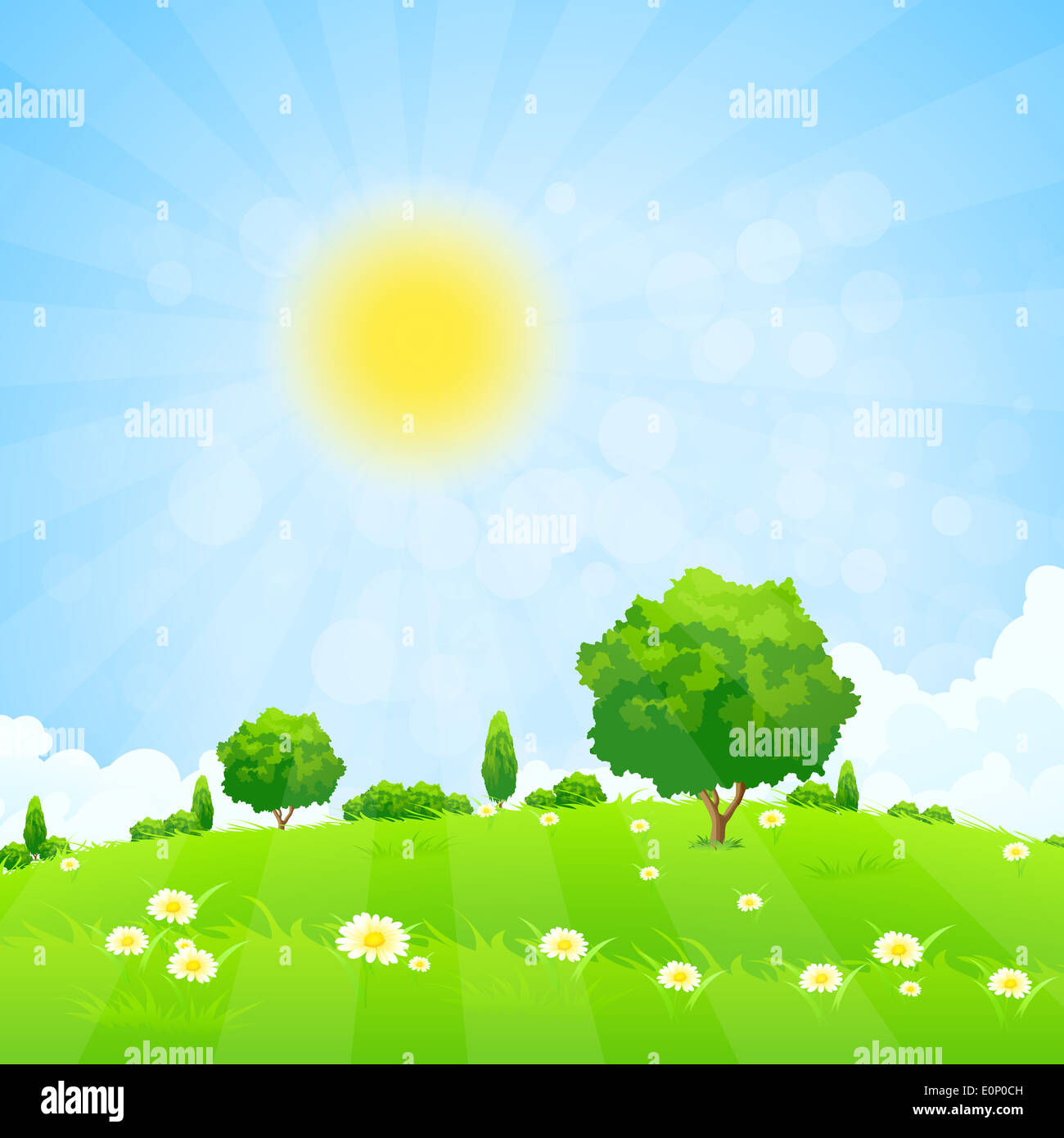 Tree Background with Flowers, Grass and Clouds Stock Photo - Alamy