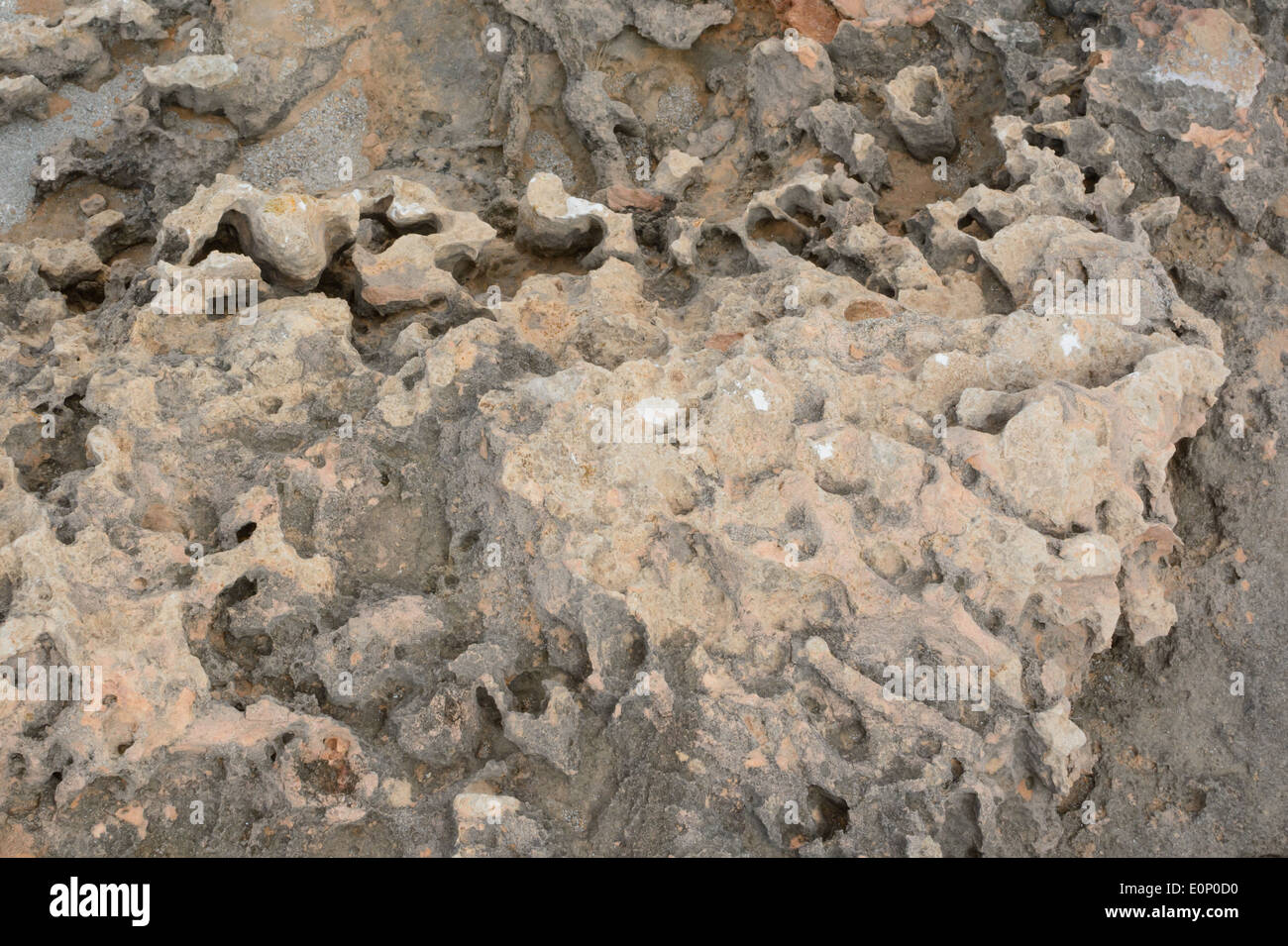Closeup of erosion pattern in limestone by the coast, Cap Salines ...