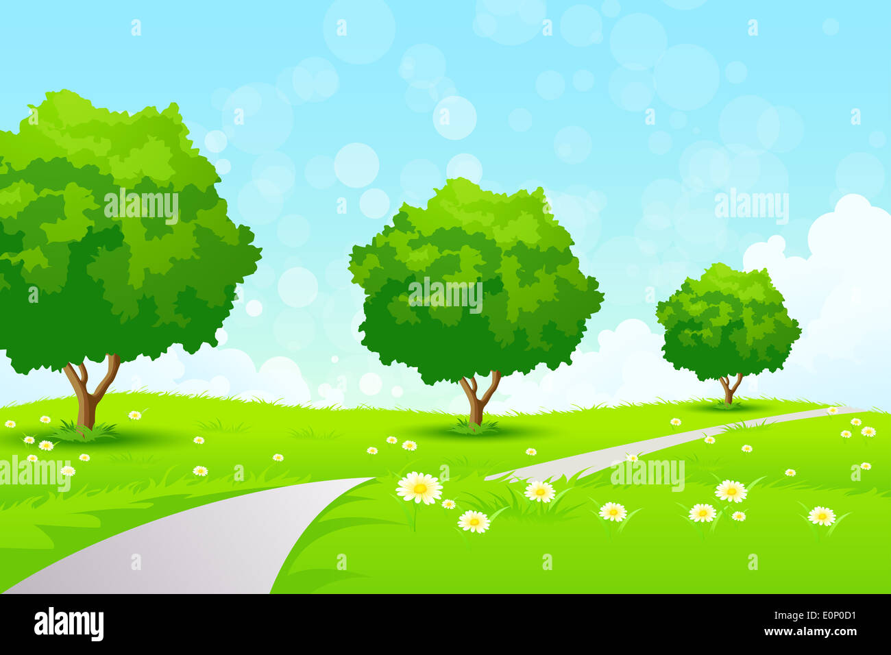 Green Landscape with Flowers Trees and Road Stock Photo - Alamy