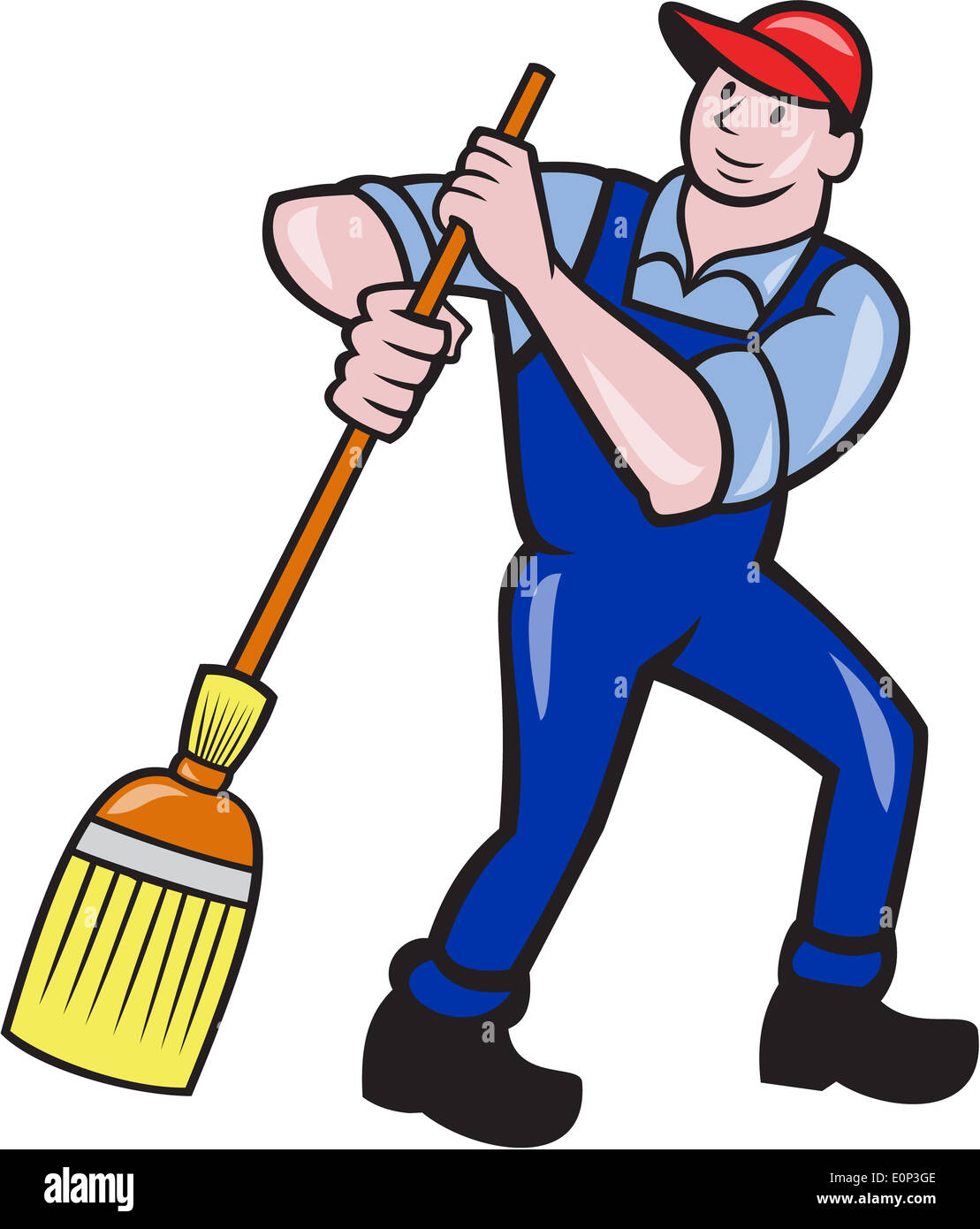 Illustration of a janitor cleaner worker sweeping with broom viewed ...