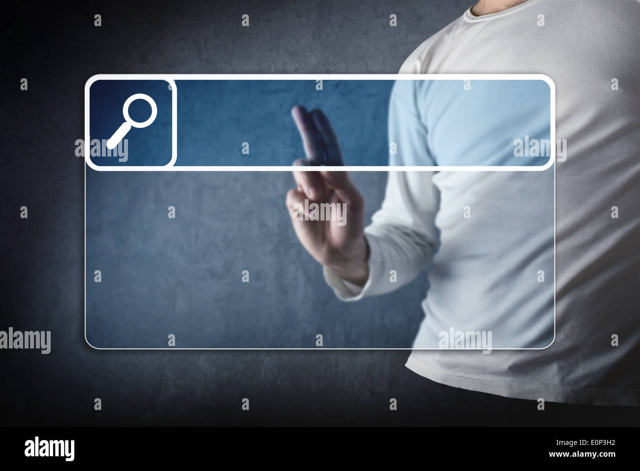 Internet search concept. Male hand pointing at empty search bar on ...