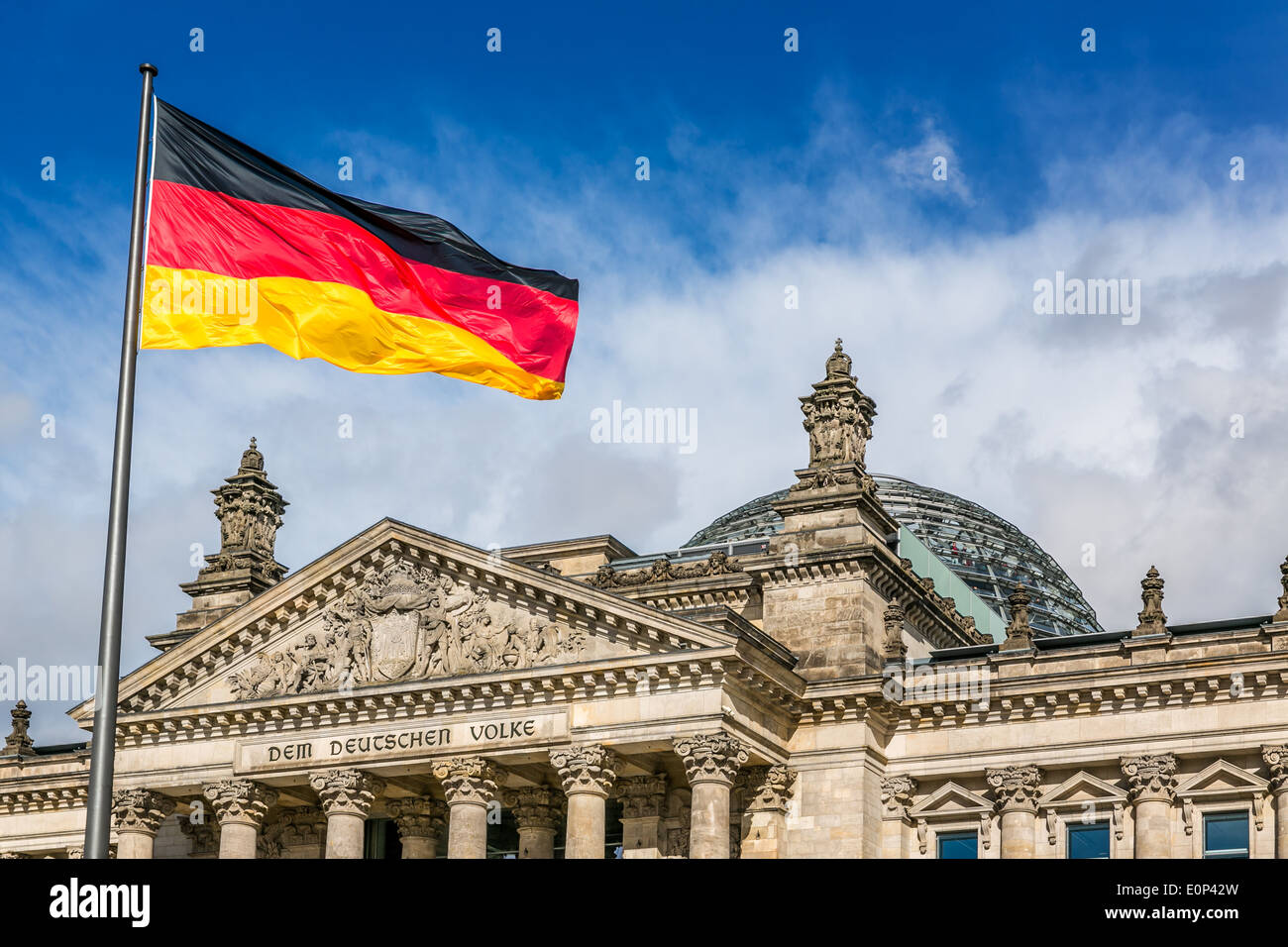 The German federal parliament with German flags, Berlin, Germany Stock ...