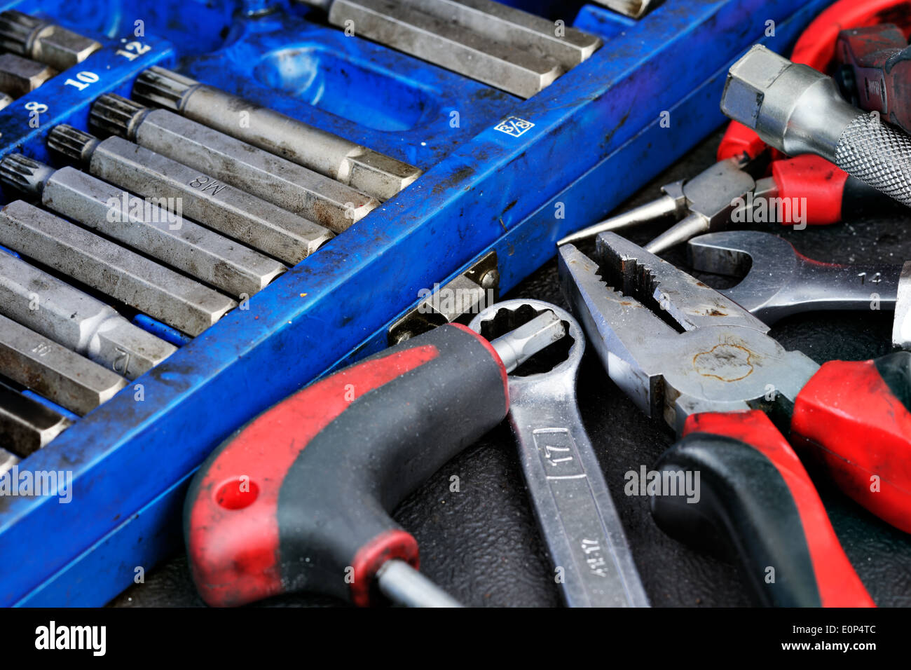 Various tools laying on a table Stock Photo - Alamy