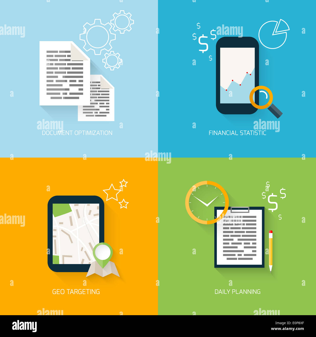 Set of flat design concept for business. Geo targeting, financial ...