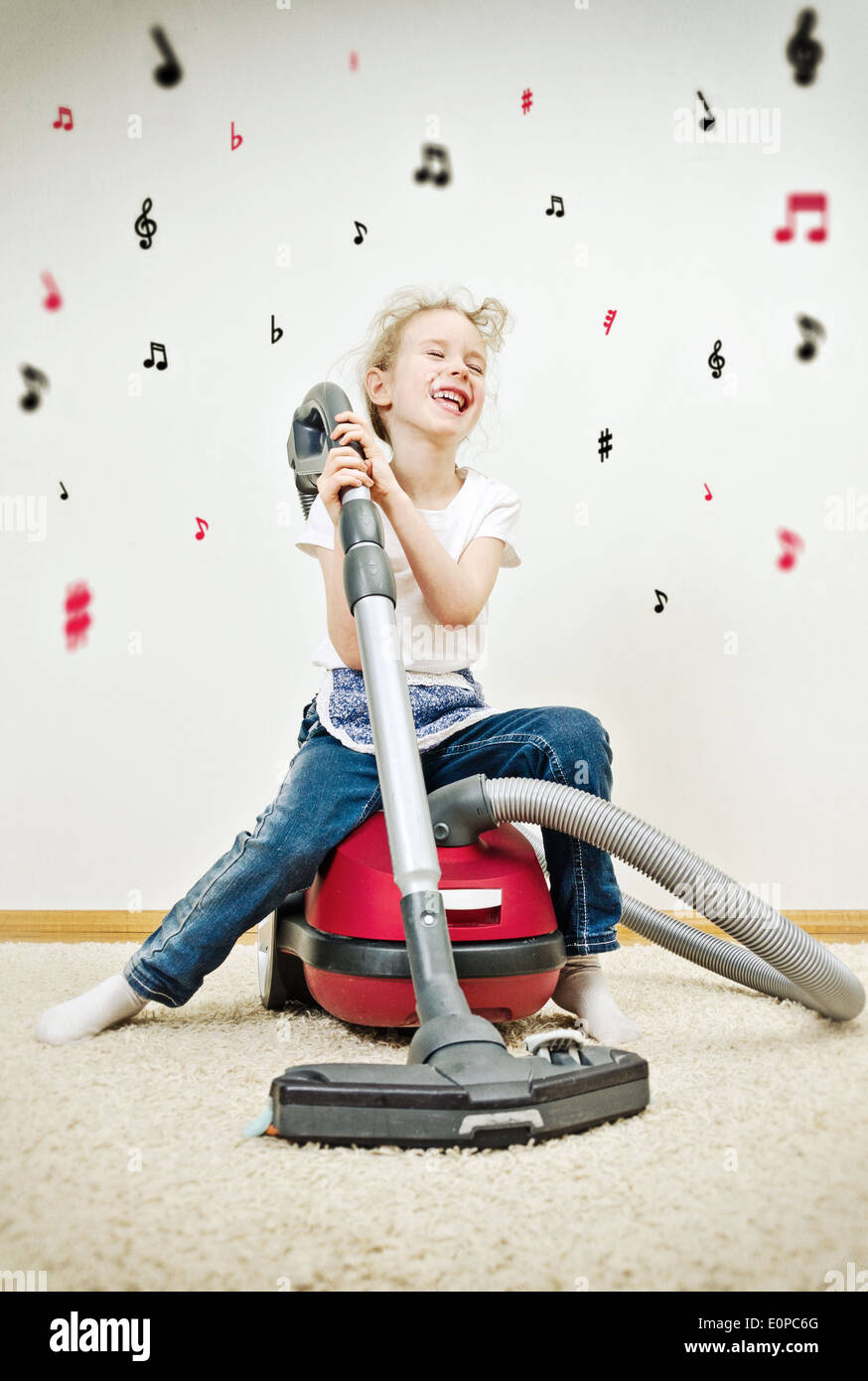 Little girl singing during cleaning the flat. Vintage Effect Stock ...