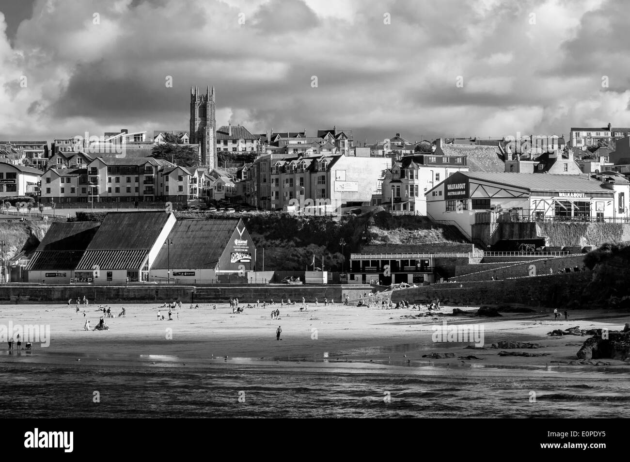 Newquay town rendered in black and white and seen from across the sea ...