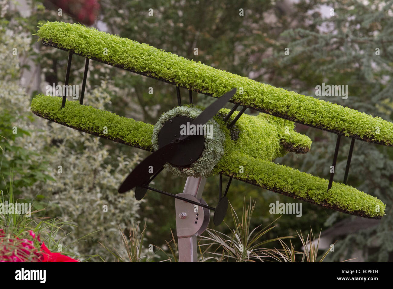 London UK. 18th May 2014. A floral Tiger moth bi plane installed at the ...