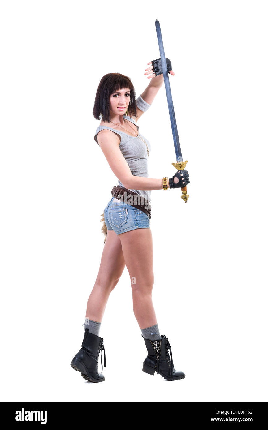 young warrior woman holding sword, isolated on white Stock Photo - Alamy