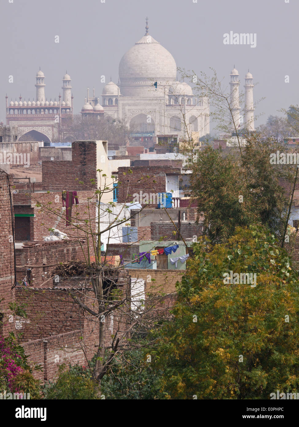 View encompassing the marked contrast between the landmark Taj Mahal ...