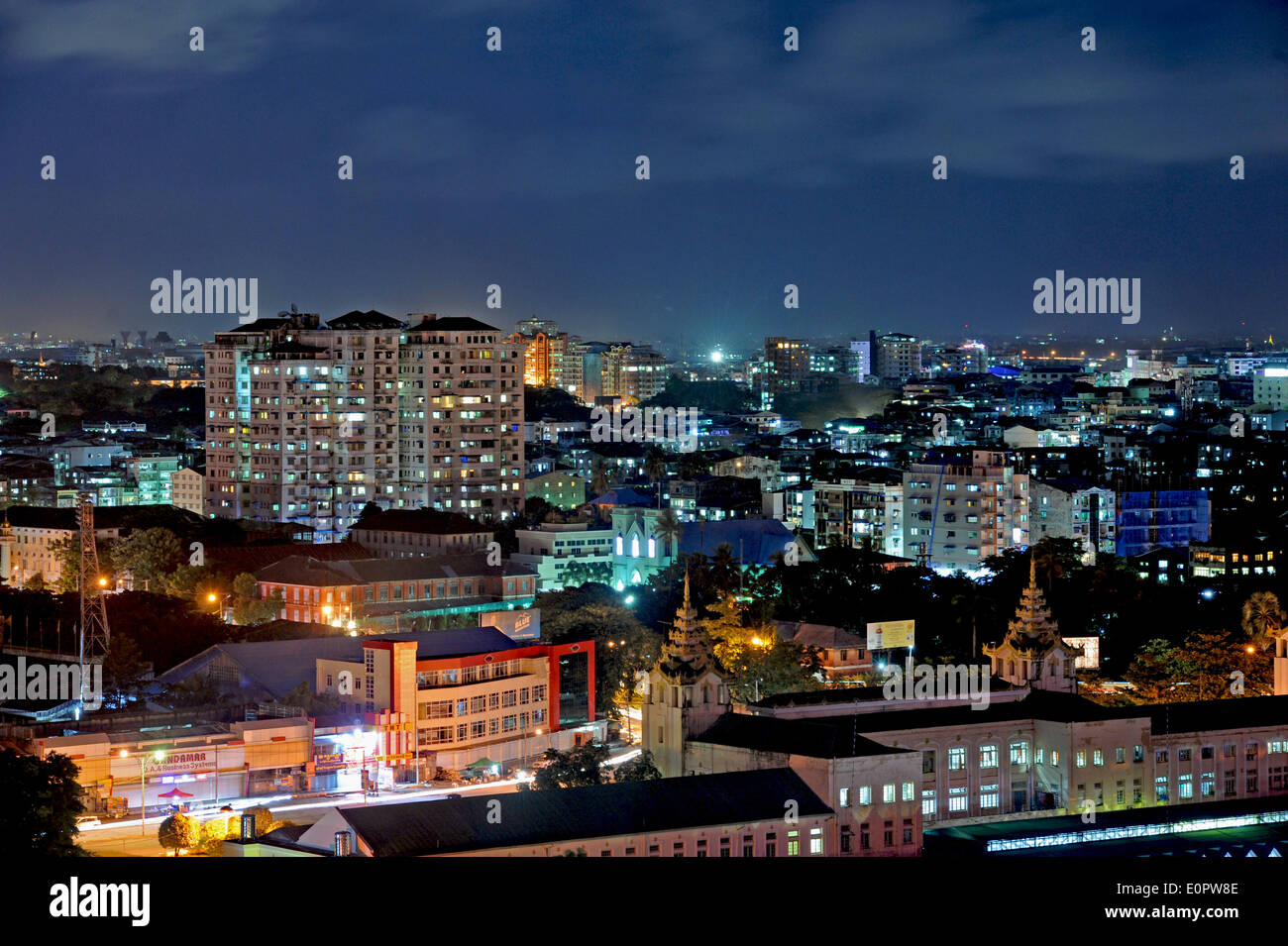 Nighttime in Yangon, Myanmar, 23 July 2014. Yongon was the capital of ...