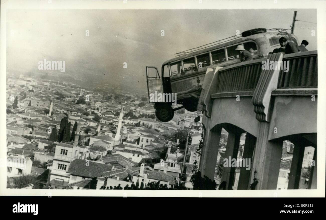 Nov. 11, 1957 - On the Brink of Disaster. Bus Almost Topples Over Side ...