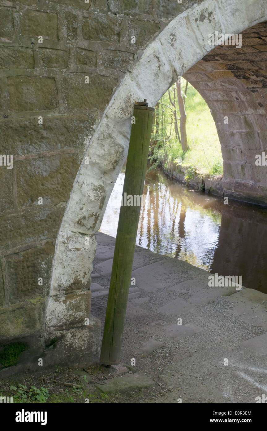 Canal tow line roller at an overbridge on the Leeds and Liverpool canal ...