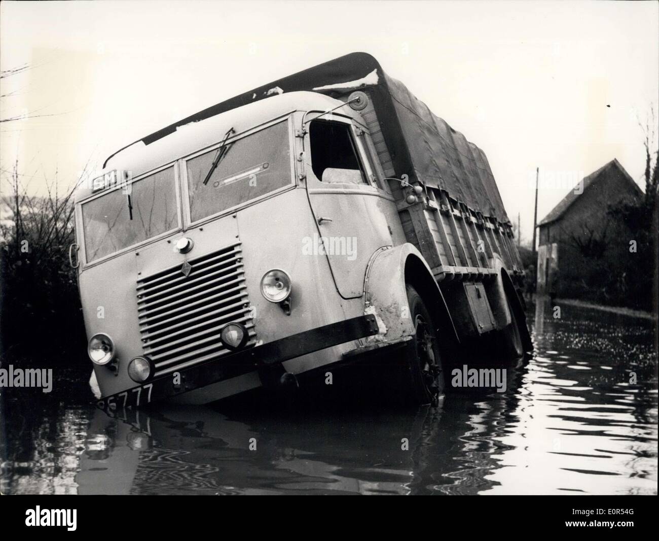 Feb. 09, 1958 - Floods in Normandy: A Lorry abandoned by the driver on ...