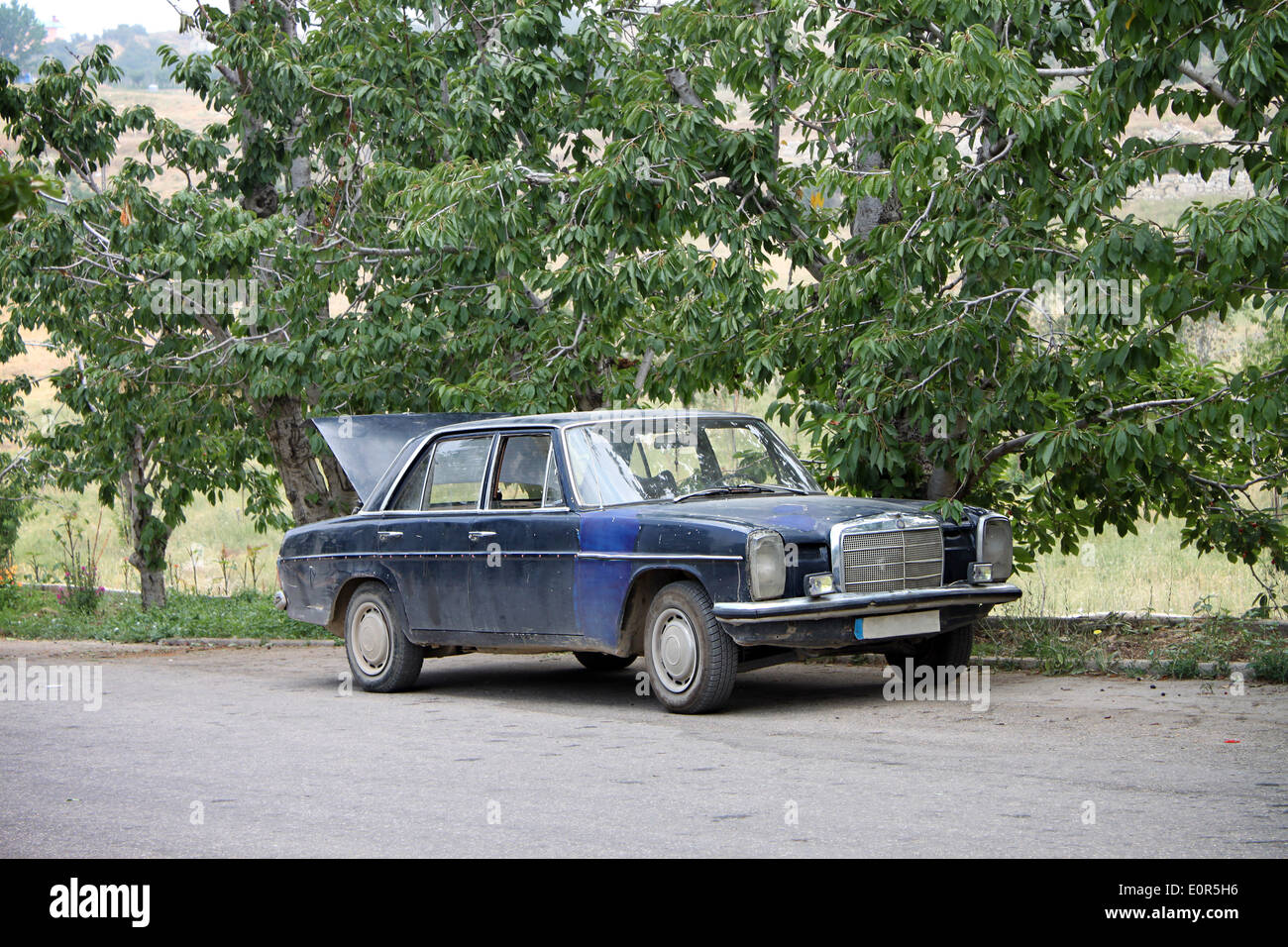 An old blue car parked on the side of the road under a tree Stock Photo ...