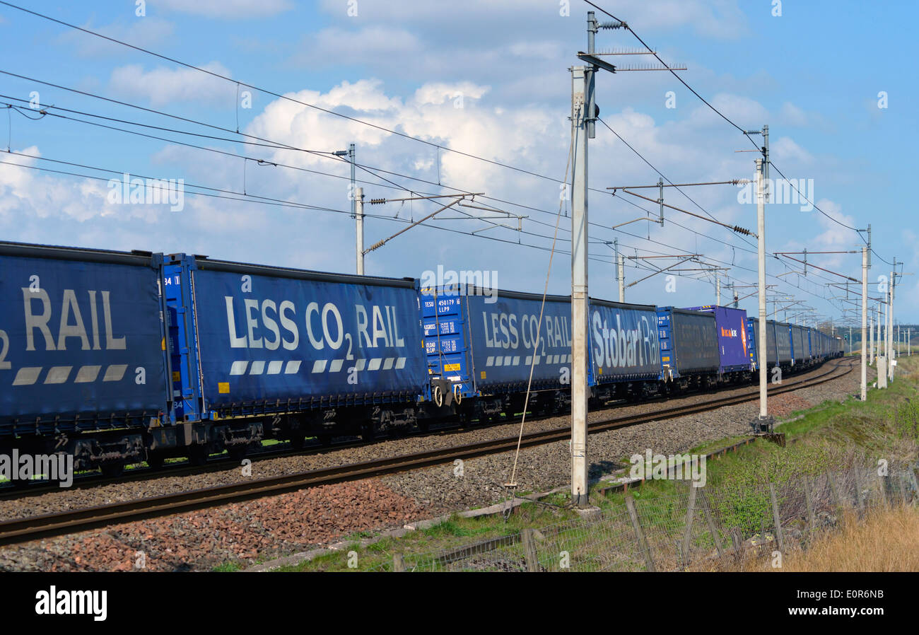 Tesco 'LESS CO2 RAIL' and Stobart Rail container wagons at speed. Scout ...
