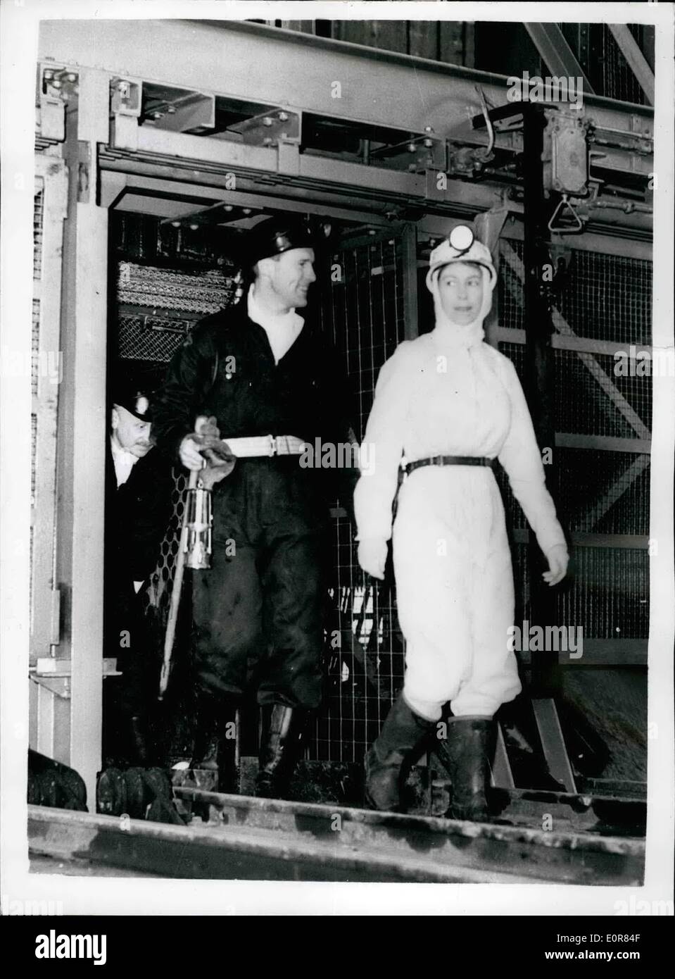 Jul. 07, 1958 - The Queen goes down a mine wearing white boiler suit.:H ...