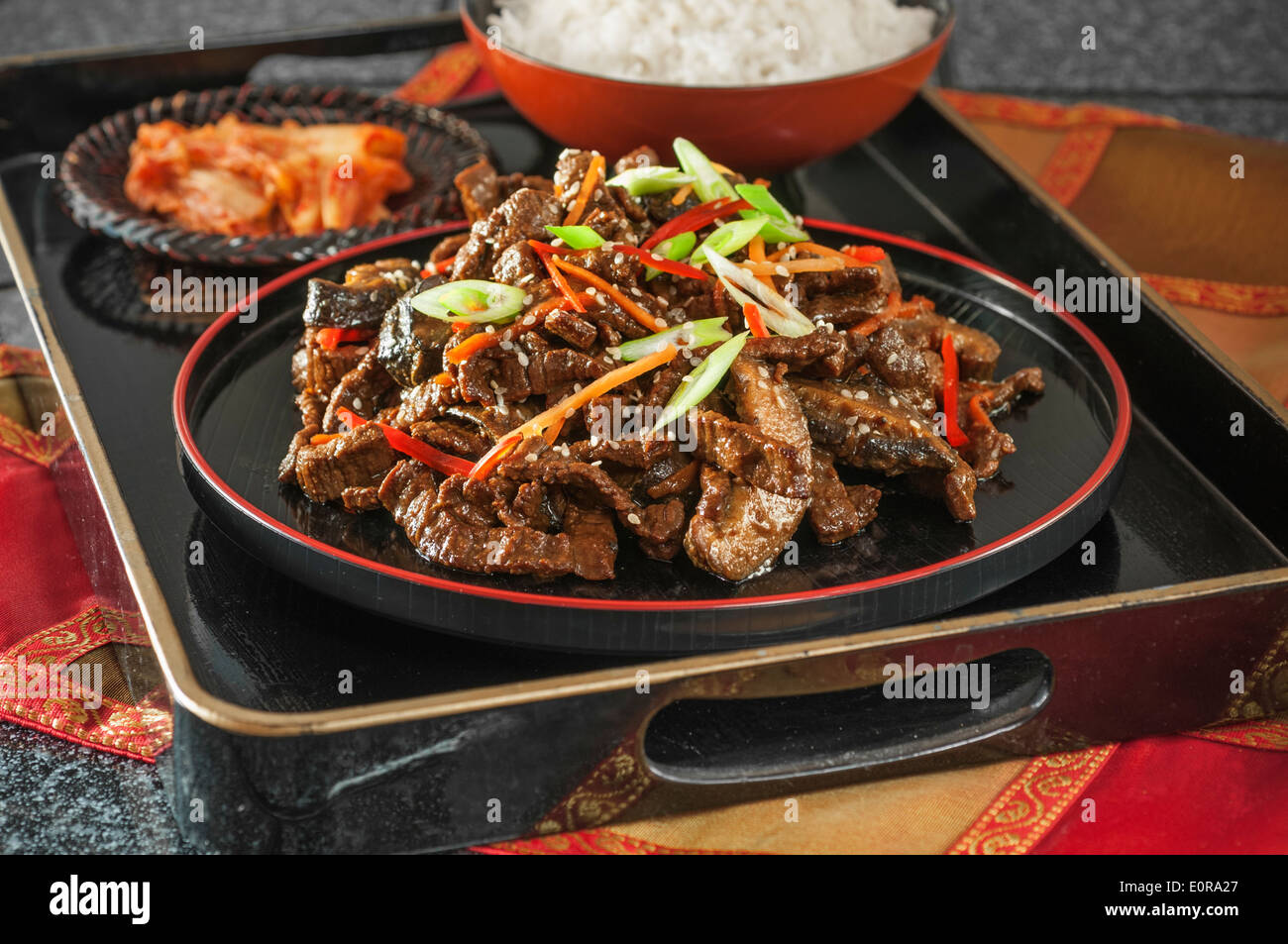 Beef Bulgogi. Grilled marinated beef with rice and kimchee. Korea Food ...