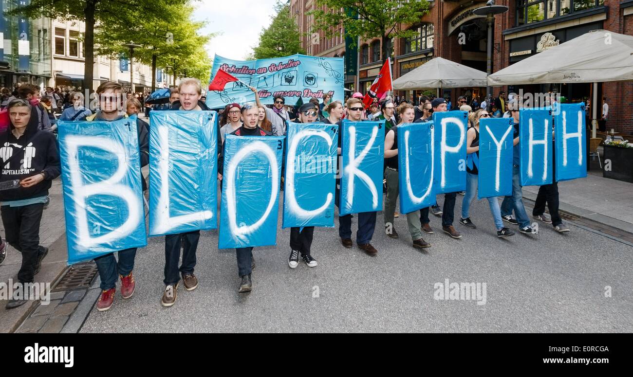 Hamburg, Germany. 17th May, 2014. Demonstrators hold up large letters ...