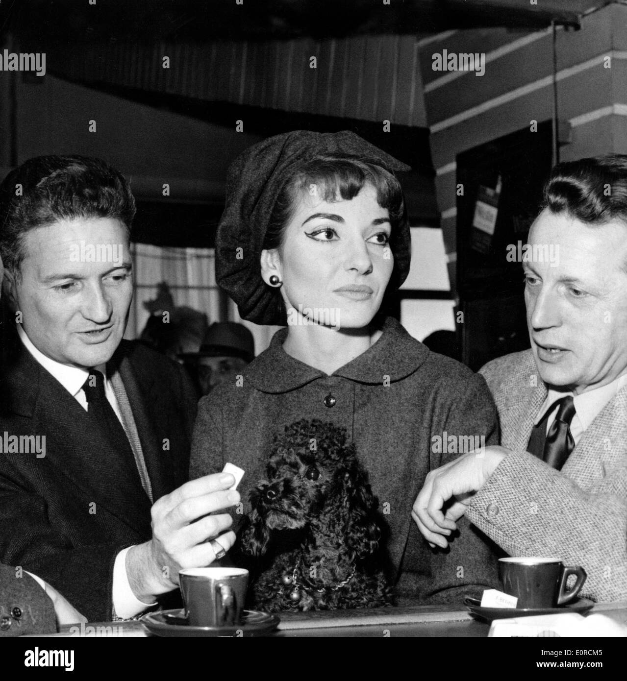 Opera singer Maria Callas having coffee with her dog Stock Photo - Alamy