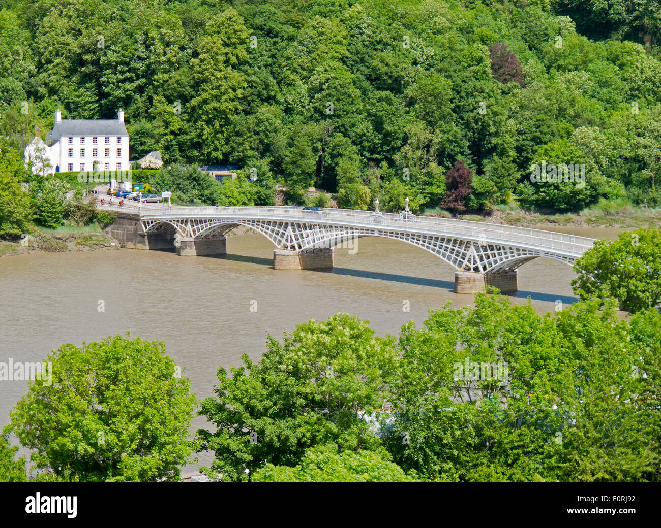 View of the Regency cast iron Old Wye Bridge over the river Wye at ...