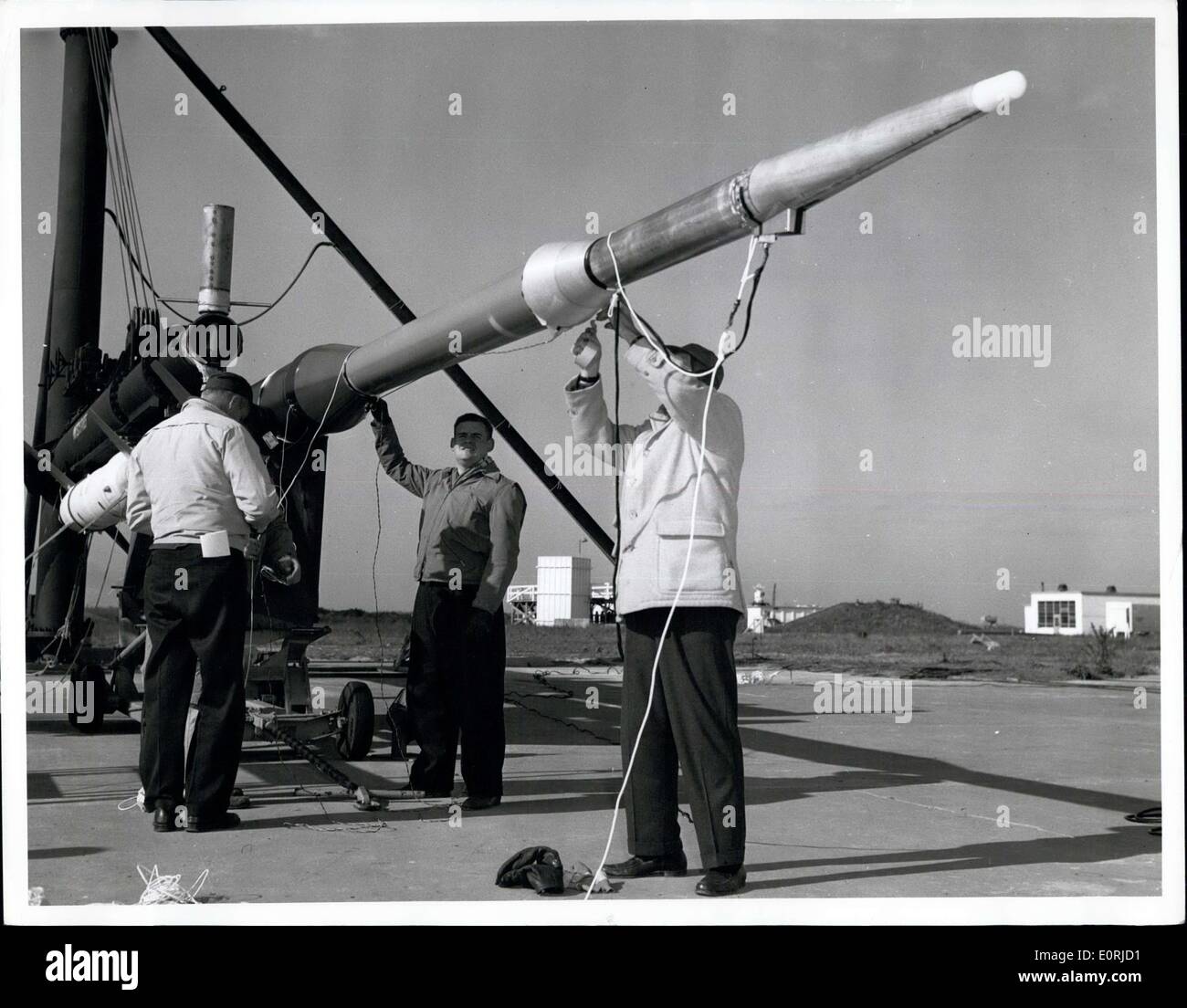 Nov. 18, 1959 - Men preparing a 5-stage research rocket named ''Strong ...
