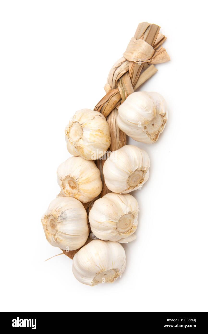 String of Garlic bulbs isolated on a white studio background Stock ...