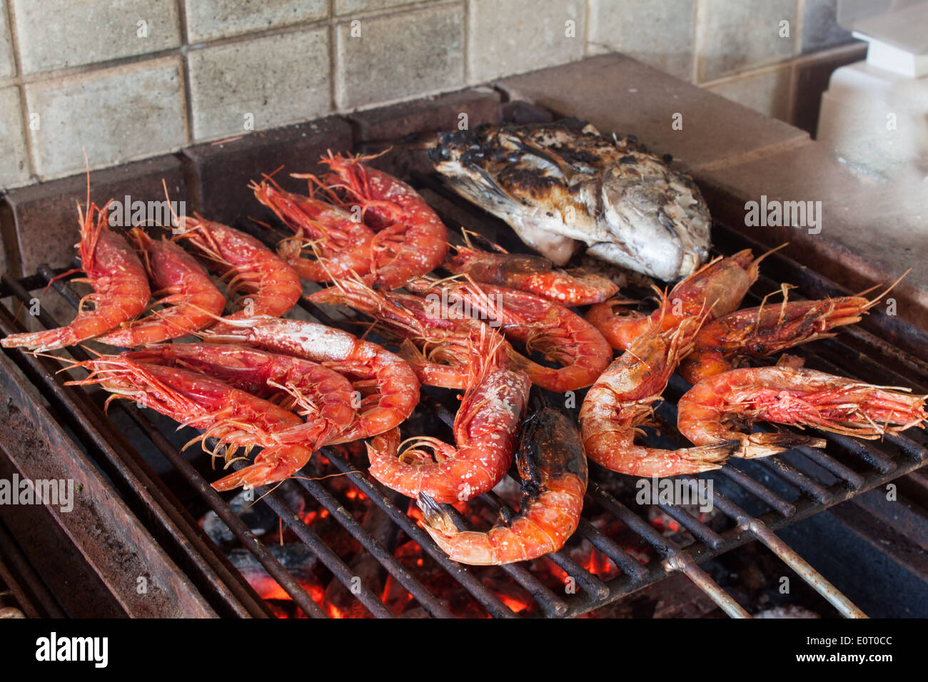 cooking shrimps shellfish seafood grill barbecue closeup fish "sea ...