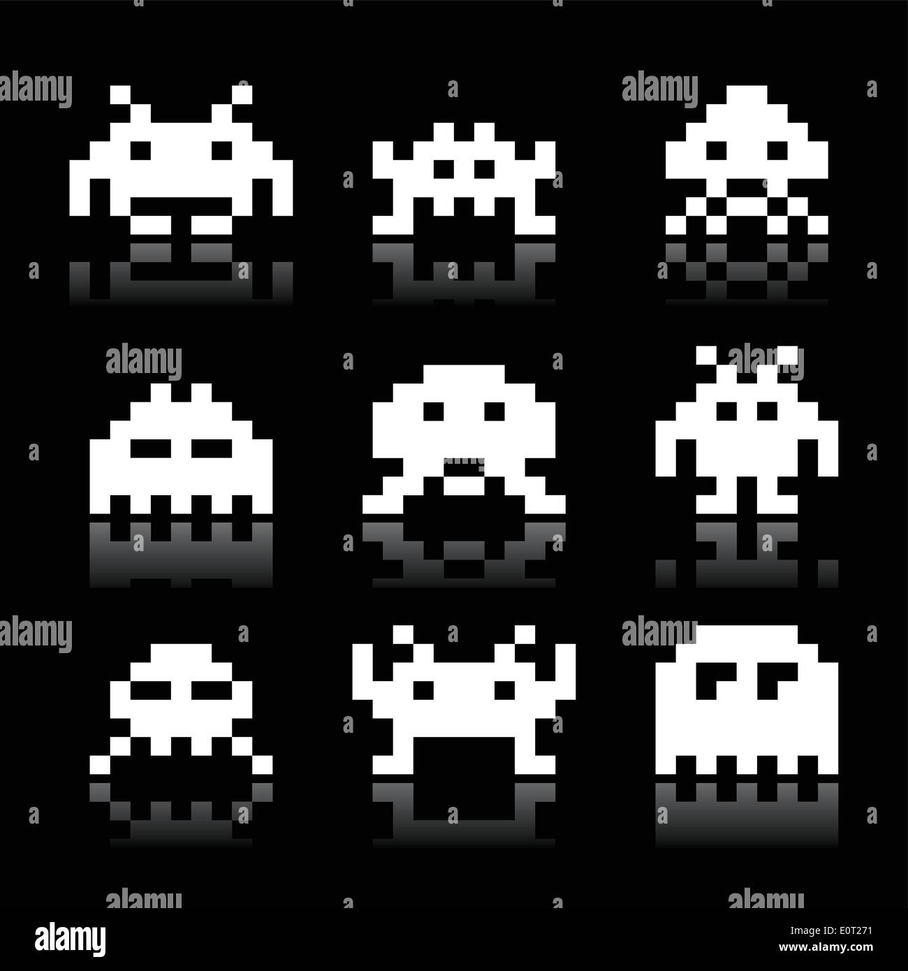 Space invaders, 8bit aliens white icons set on black Stock Vector Image ... Space invaders, 8bit aliens white icons set on black Stock Vector Image ...