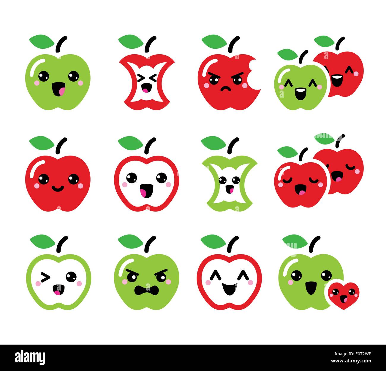 Cute red apple and green apple kawaii icons set Stock Vector Image ...
