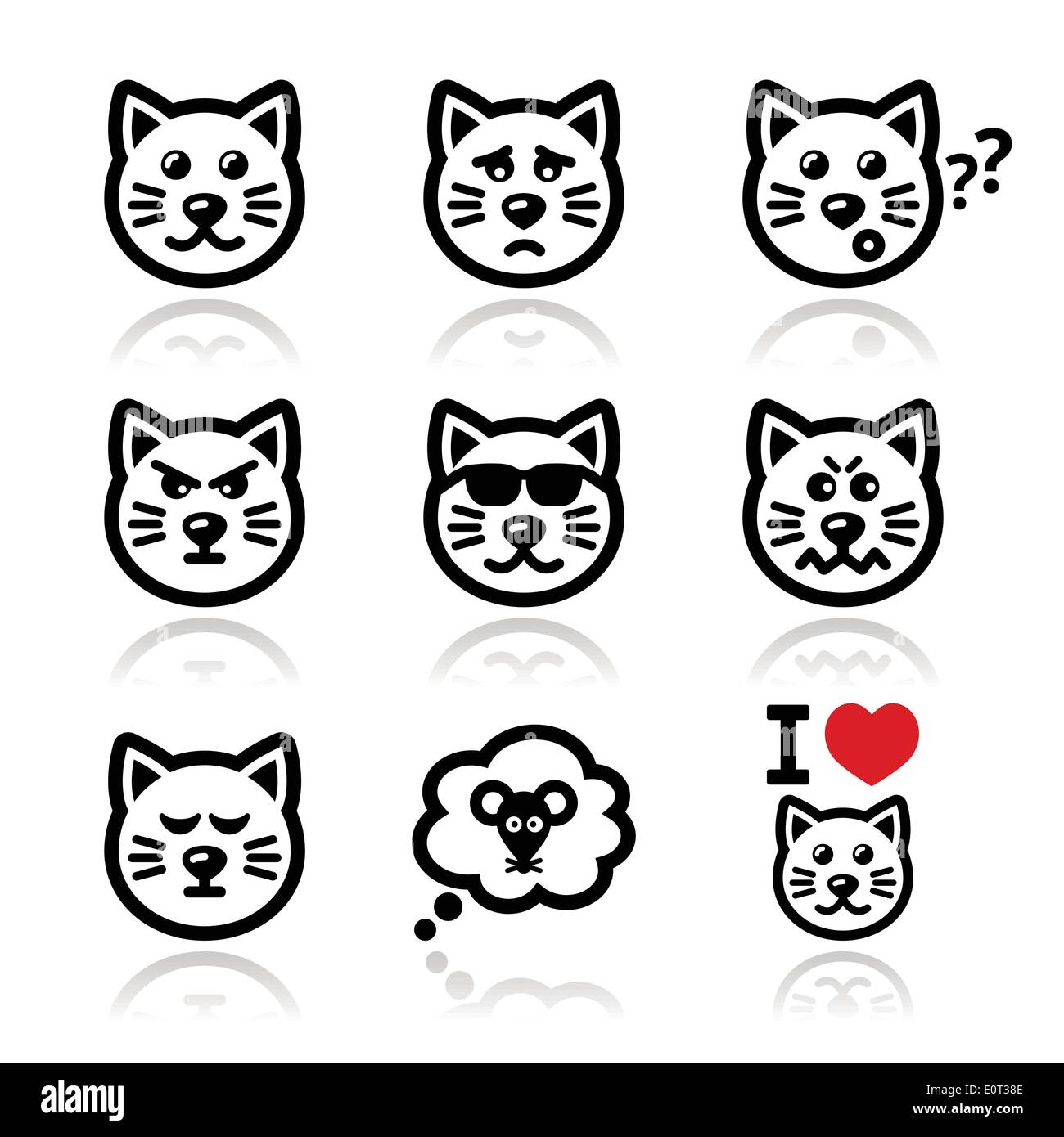 cat icons set - happy, sad, angry isolated on white Stock Vector Image ...